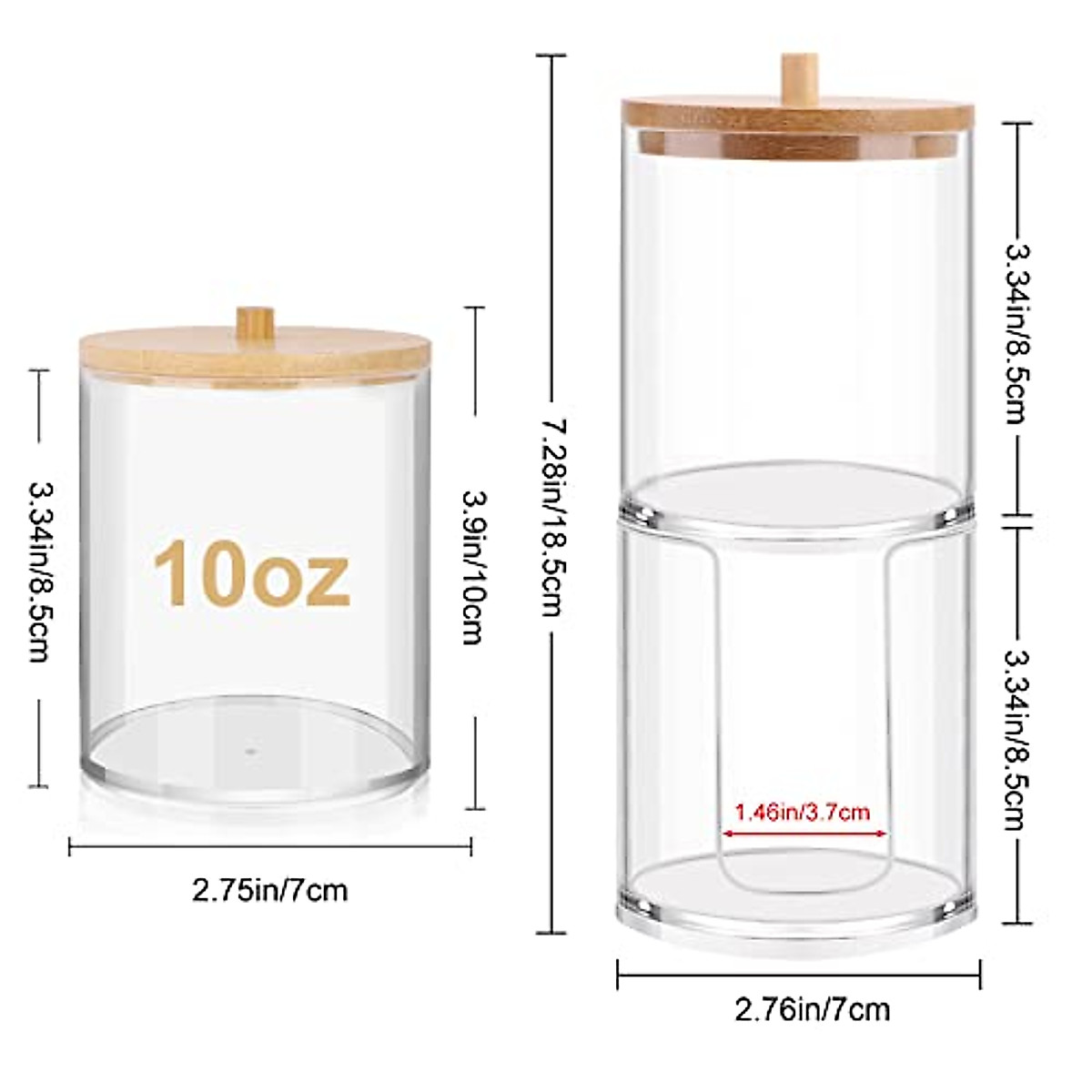 TCJJ 4 Pcs, 10 OZ Qtip Holder and Cotton Round Holder Set Apothecary Jars with Bamboo Lids, CLear Plastic Cotton Ball Pad Swab Holder for Bathroom Accessories Storage Organization