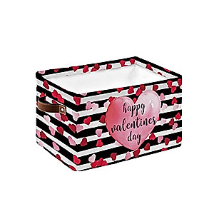 Happy Valentine's Day Pink Heart Storage Basket for Shelves, Watercolor Love Black White Striped Storage Cube Fabric Storage Bins, Closet Organizers with Handles for Book, Toys, Cloth, 15x11x9.5 Inch