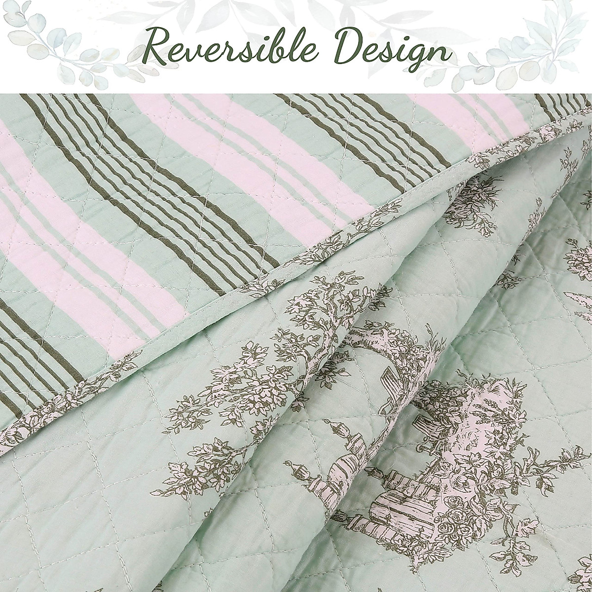 Cozy Line Home Fashions Vintage Cottage Garden Toile Mint Green 100% Cotton Reversible Girl Quilt Bedding Set, Coverlet, Bedspread (Garden Toile, King - 3 Piece)