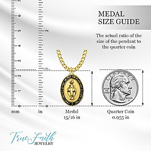 TrueFaithJewelry 18KT Gold-Plated Sterling Silver Our Lady Of Grace Miraculous Medal Pendant Necklace with Black Enamel Border Religious Jewelry, 7/8 Inch