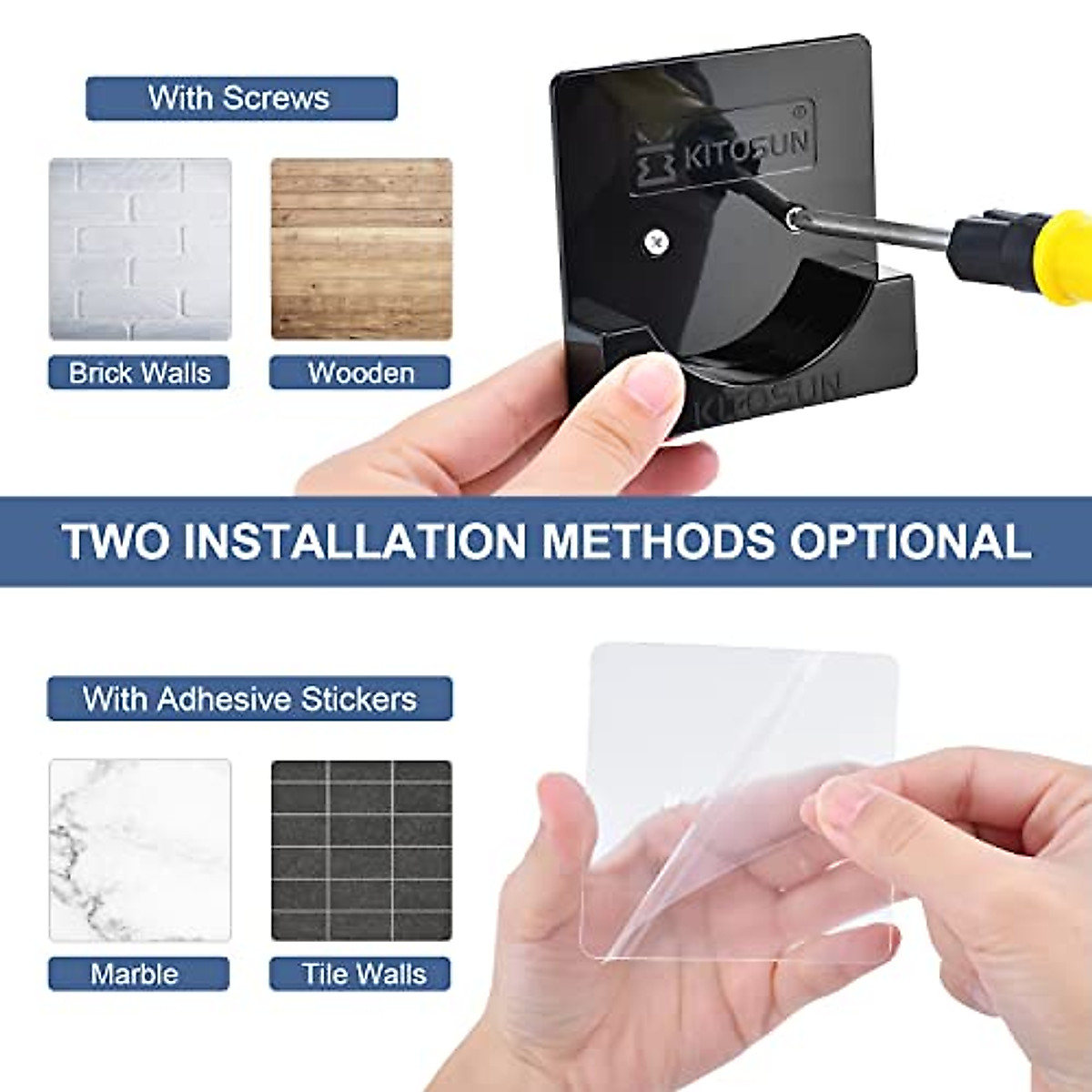 Shower Curtain Rod Holder Wall Mount – Bathroom Tension Pole Retainer Brackets with Adhesive Tape for Quick Stick on and Stainless Steel Screws for Drilling Installation 3/5” Deeper Rim (Black)