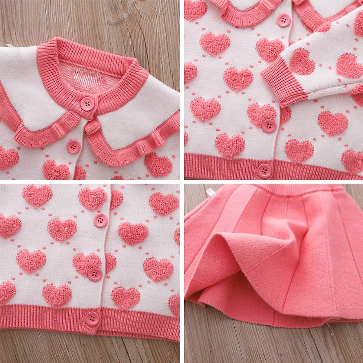 2pcs Toddler Kids Baby Girl Clothes Set Tweed Plaid Long Sleeve Button Top Coat Pleated Mini Tutu Skirts Winter Autumn Outfits Little Girls Sweater Sets Suéter de Niña Pequeña Pink Heart 18-24Months