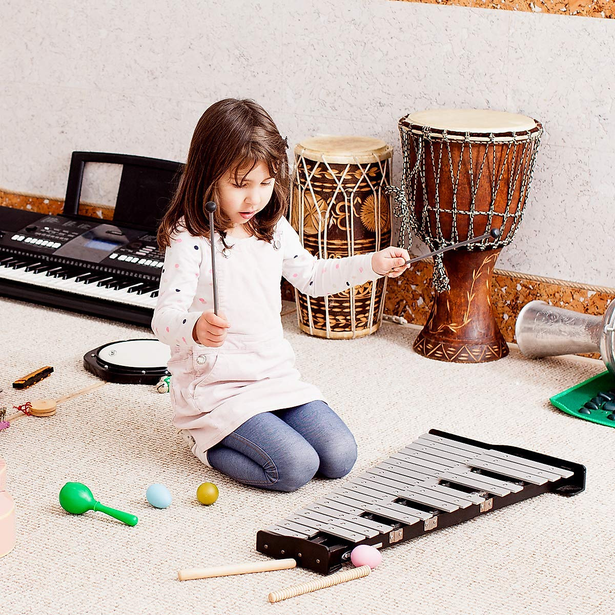 ReunionG Percussion Practice Bell Kit Set Professional Music Stand Xylophone with Bag Case for School Kid Band Teacher