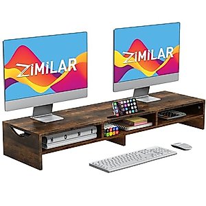 Zimilar Large Dual Monitor Stand Riser, 2 Tiers Monitor Stand with Cellphone Holder, Wood Monitor Riser with Storage for Computer,Laptop, Monitor Stand Riser for 2 Monitors, Shelf Organizer for Desk