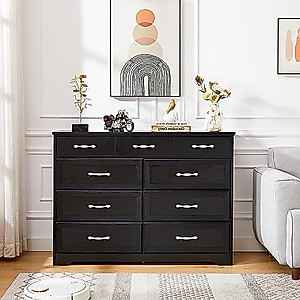 MengK Bedroom Dresser, 9 Drawer Long Dresser with Antique Handles, Wood Chest of Drawers for Kids Room, Living Room, Entry and Hallway, Black, 47.2'' W x 15.8'' D x 34.6'' H.