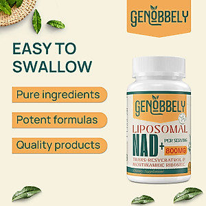 GENOBBELY 800 mg Liposomal NAD+ Supplement with Nicotinamide Riboside 200 mg, Trans-Resveratrol 100 mg - True NAD Supplement for DNA Repair, Healthy Aging, Brain Function - 120-Day Supply.