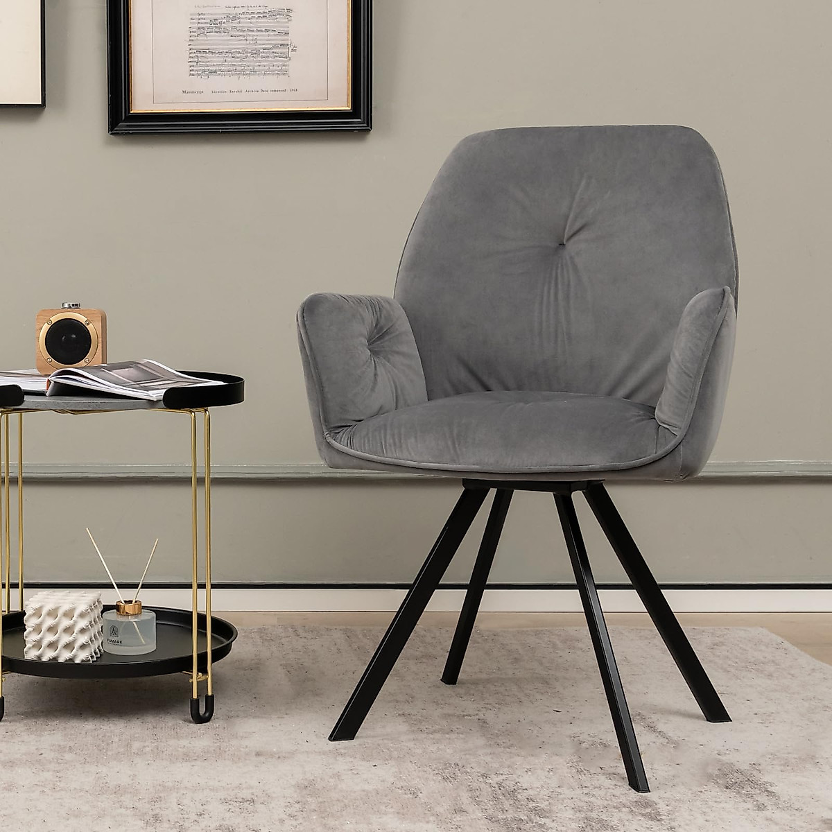 Giantex Upholstered Swivel Velvet Accent Chair Set of 2, Desk Chair No Wheels, Max Load 300 Lbs, Velvet Tufted Swivel Armchair with Metal Legs for Living Room Small Space Home Office Study (Gray)