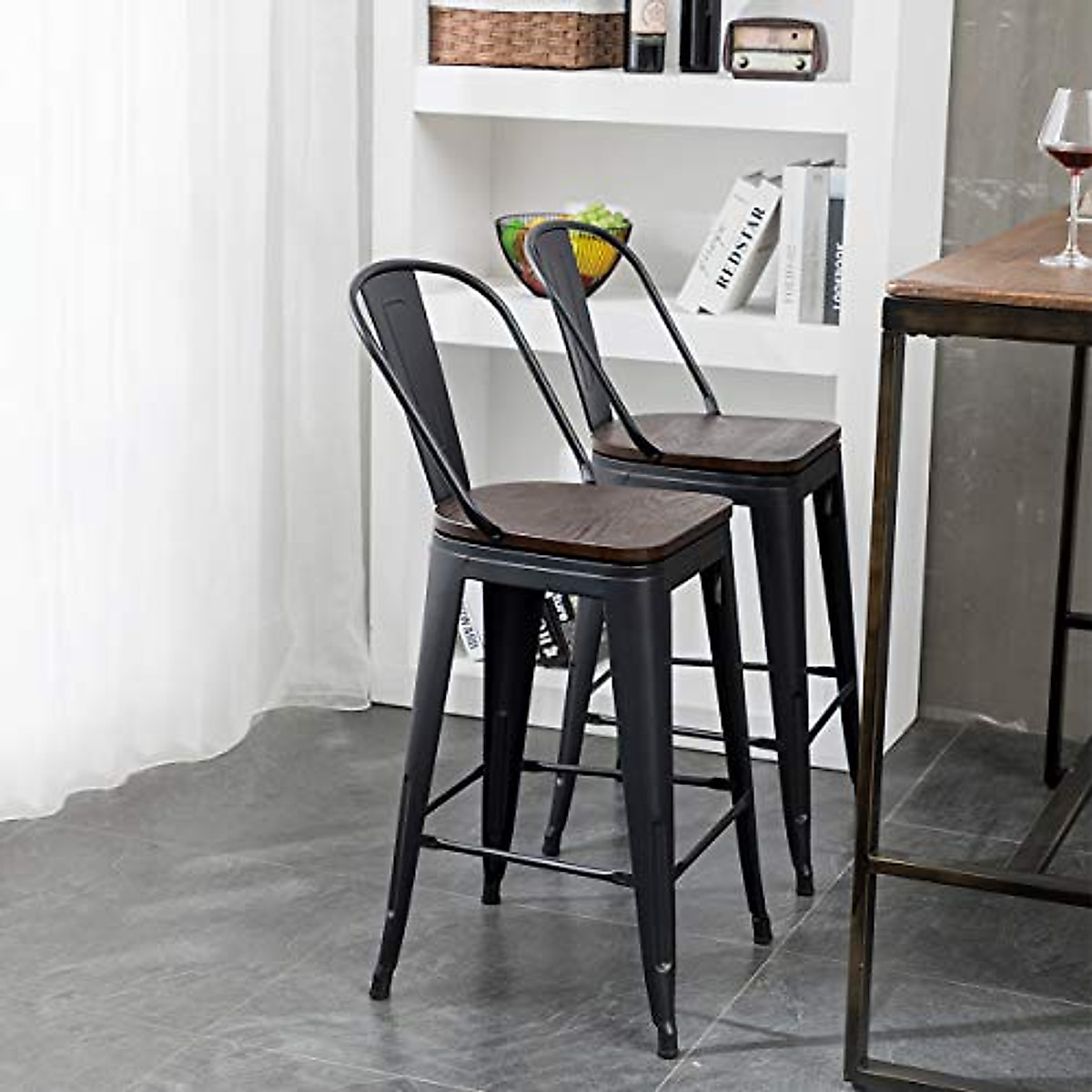 Aklaus Metal Bar Stools Set of 4,24 inch Barstools Counter Height Bar Stools with Backs Farmhouse Bar Stools with Larger seat High Back Kitchen Dining Chairs Modern Bar Chairs Matte Black Stool