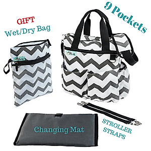 Stylish Travel Diaper Bag Tote for Men and Women – Unisex, Multifunctional Design with Universal Stroller Straps, 9 Pockets FREE Wet/Dry Bag and Changing Pad by LoveMyGoodies
