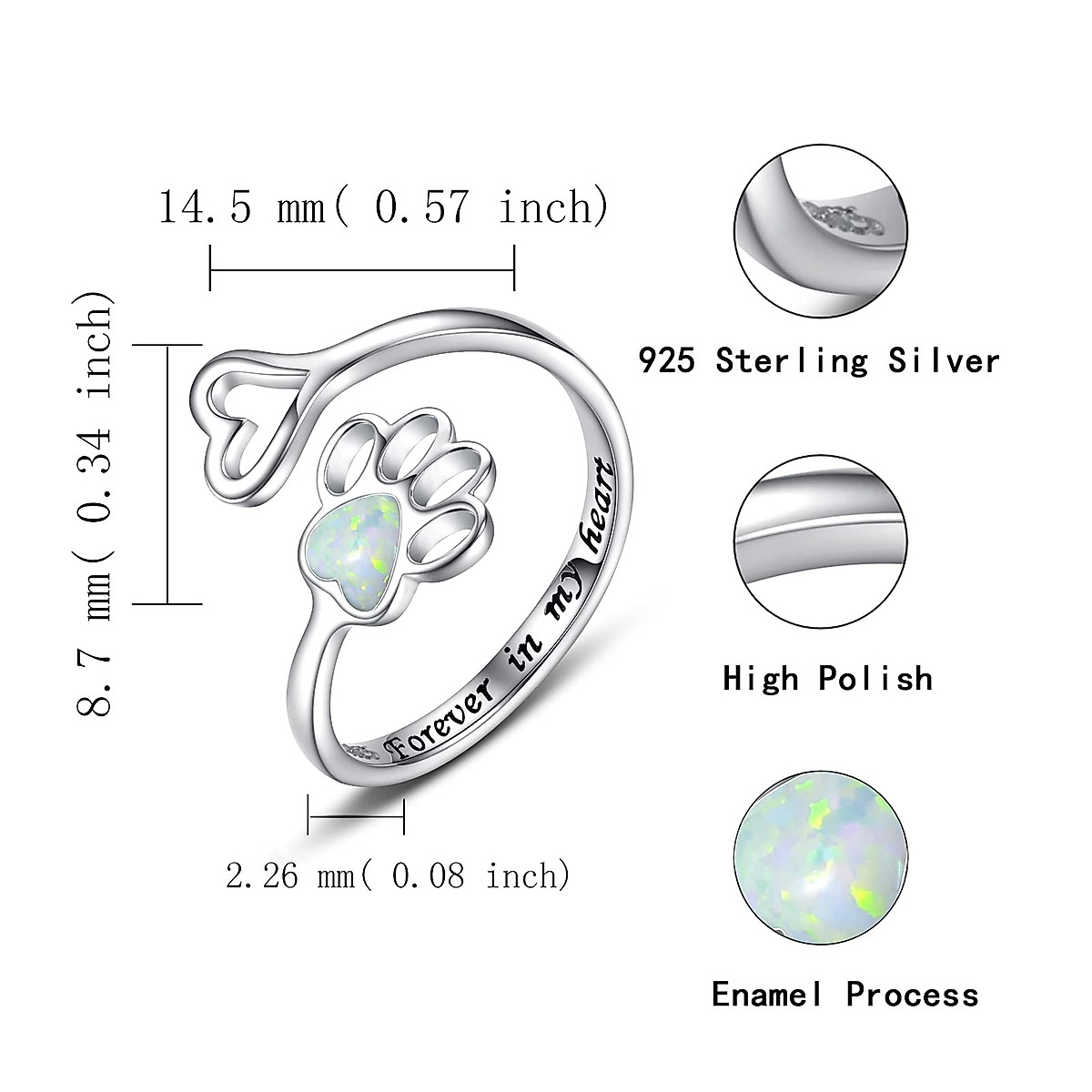 Opal Pet Lovers Paw Print Ring Heart 925 Sterling Silver Adjustable Puppy Cat Ring Animal Jewelry Love Dog Claw Ring Pets Loving Friend Families Gifts (White)