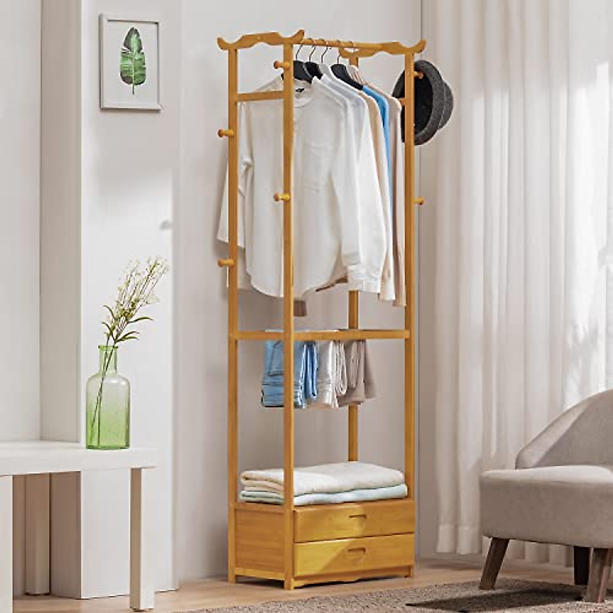 MoNiBloom Bamboo Garment Rack with Drawers and Hooks, Freestanding Clothes Racks Storage Shelving Organizer Unit for Bedroom Laundry Room Guest Room, Natural