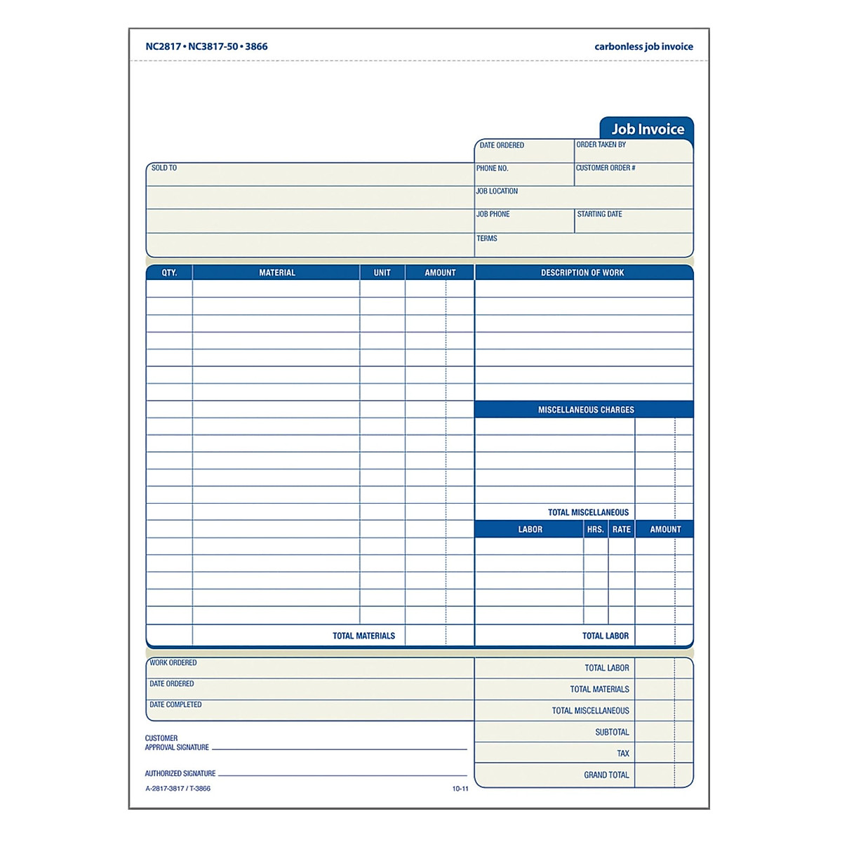 Adams Job Invoice Forms, 2-Part Carbonless, For Service and Repair Billing, 100 Individual Sets Per Pack (NC2817), White, 8-1/2 x 11Inches
