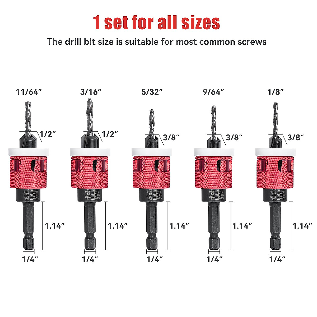 5 Pcs Countersink Drill Bit Set with Low Friction Depth Stop, HSS M2 Bits Tapered Head1/8 9/64" 5/32" Drill+3/8” 82° Counter-Bore,11/64" 3/16" Drill+ 1/2" 82° Counter Bore,1/4” Hex Shank(Red)