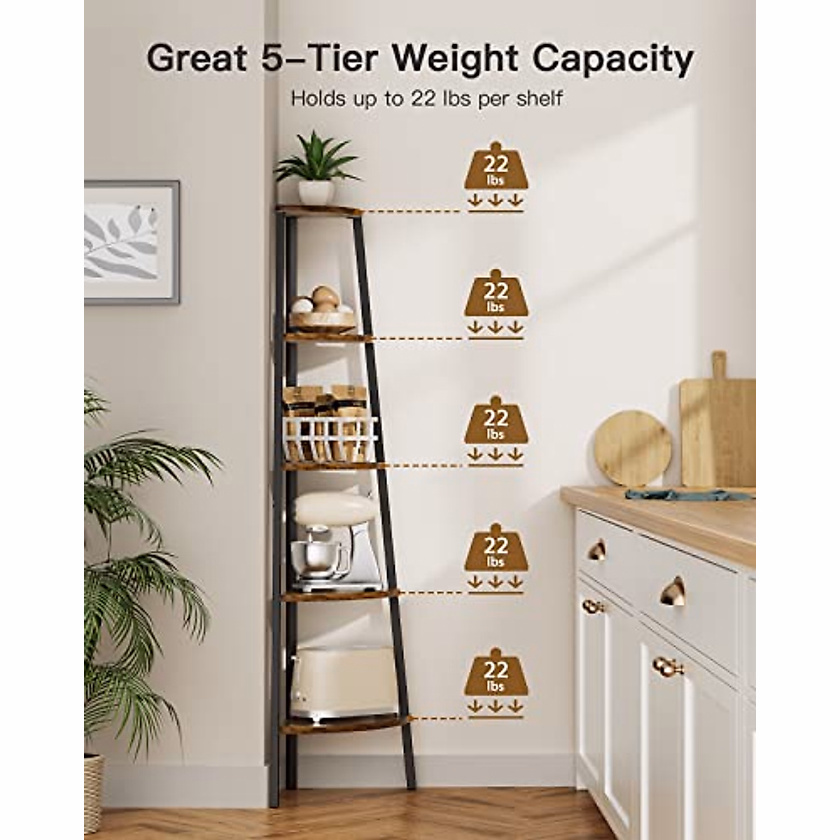 Pipishell Corner Shelf, 5 Tier Bookshelf Bookcase, Industrial Corner Bookshelf Plant Shelf for Bedroom, Living Room, Office, Kitchen, Display Shelf & Storage Ladder Corner Shelf, Rustic Brown