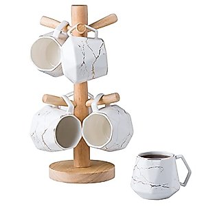 Jusalpha 7PC Deluxe Golden Marble Porcelain Coffee Mug Set with Wooden Mug Tree Holder, TCS28 (White)