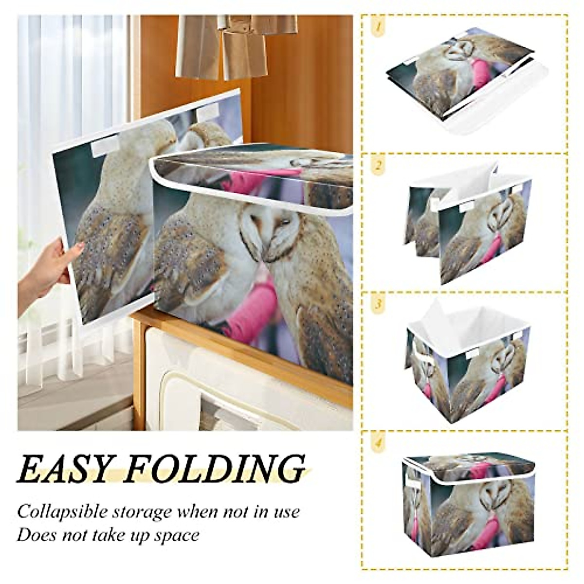 Kigai Storage Basket Cute Owl Storage Boxes with Lids and Handle, Large Storage Cube Bin Collapsible for Shelves Closet Bedroom Living Room, 16.5x12.6x11.8 In
