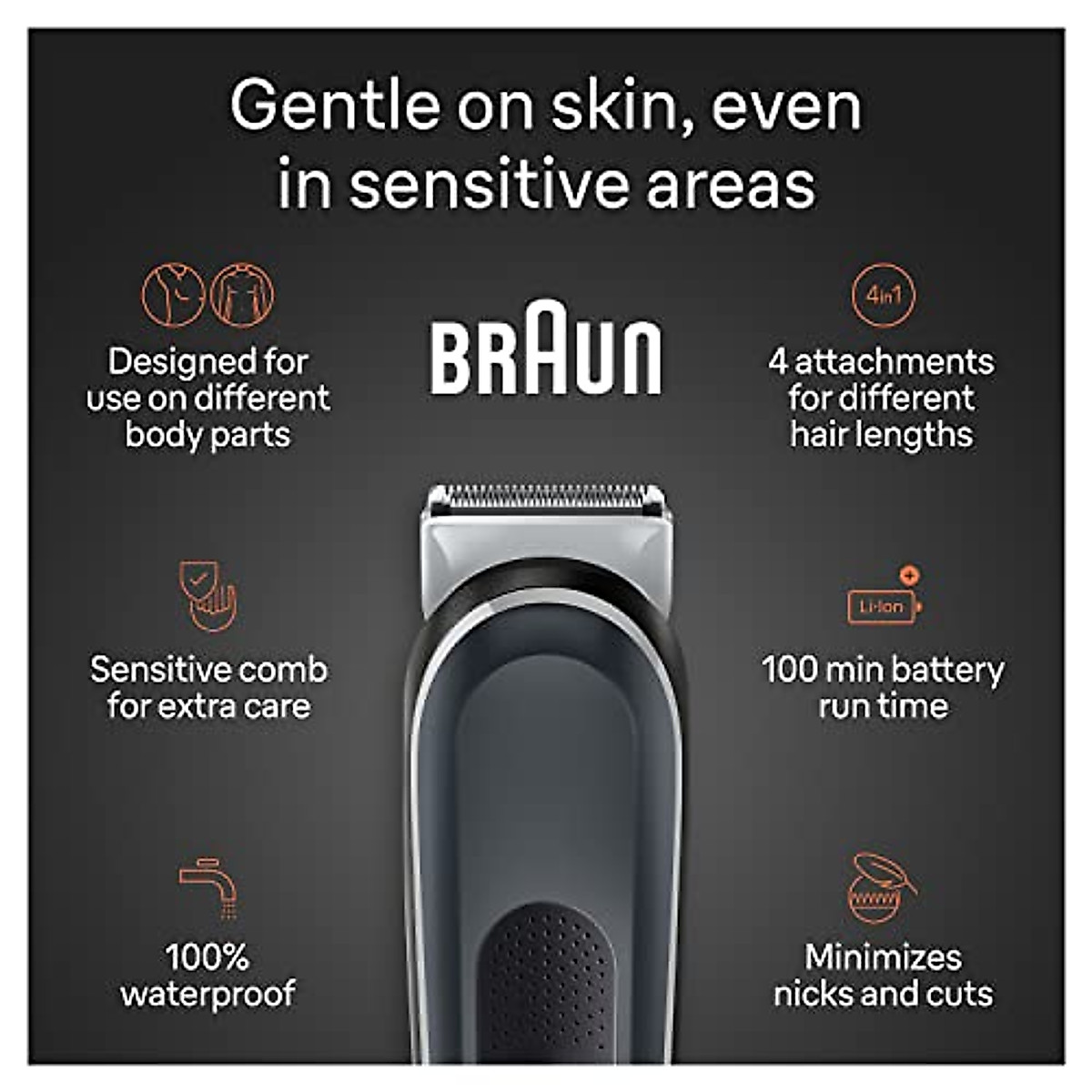 Braun Body Groomer Series 5 5360, Body Groomer for Men, for Chest, Armpits, Groin, SkinSecure Technology for Gentle Use and Clean Shave Attachment, Waterproof, Cordless with 100-min Run Time