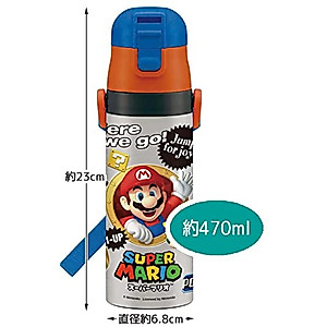Skater SKDC4 Children's Water Bottle, 2-Way, Direct Drinking, One-Touch Cup Included, Super Mario, Diameter 2.7 x Height 9.1 inches (68 x 230 mm), 15.2 fl oz (430 ml), Stainless Steel, Kids Boys