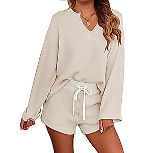MEROKEETY Women's Long Sleeve Pajama Set Henley Knit Tops and Shorts Sleepwear Loungewear, Beige, L