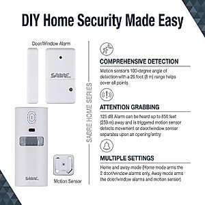 SABRE Home Security System with Remote, 125dB Alarm, Audible Up to 850 Feet (259 Meters), Wireless, Comes with 1 Motion Sensor Alarm, 2 Door or Window Alarms and 1 Remote Key Fob, Home and Away Modes