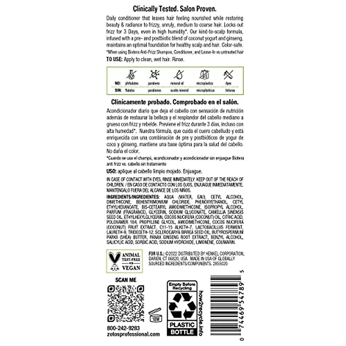 Biotera Anti-Frizz Smoothing Conditioner | Smooths & Controls Frizzy, Unruly Hair | Microbiome Friendly | Vegan & Cruelty Free | Paraben Free | Color-Safe | 32 Fl Oz