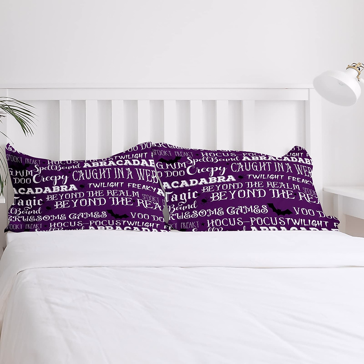 ZOE GARDEN Purple Halloween Duvet Cover Set Queen Size, Black White Bat SPI-der Hocus-Pocus Zipper Closure Microfiber Soft Comforter Patterned Bed Quilt Duvet+Cover, Flat Sheet, Pillowcases with Ties