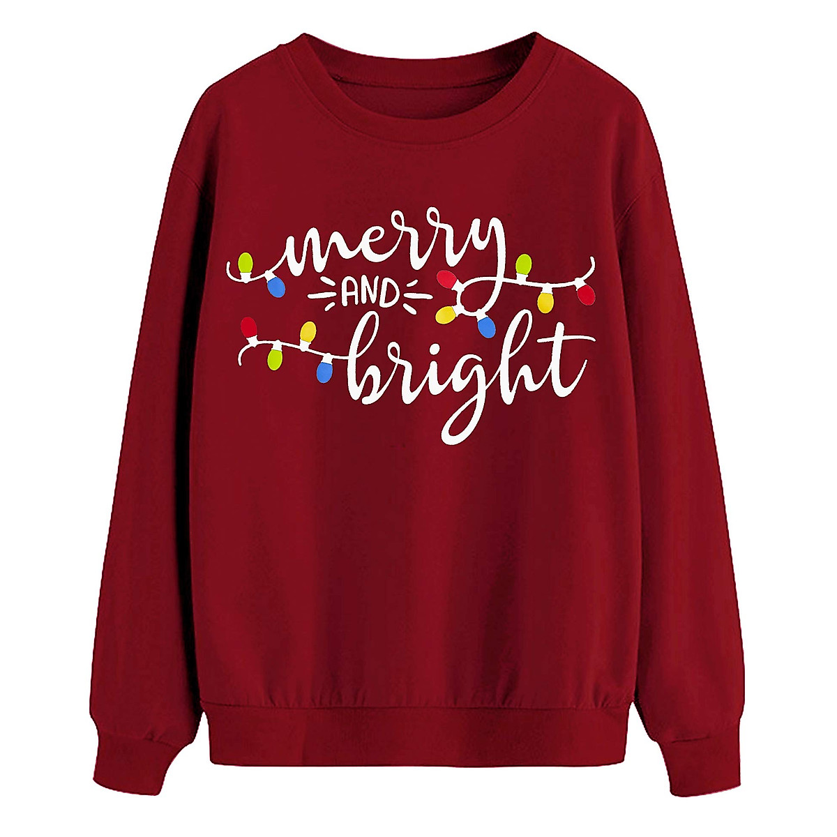 Christmas Sweatshirt Women Merry and Bright Christmas T-Shirt Funny Xmas Lights Blouse Tops Holiday Shirts (Wine Red, XX-Large)