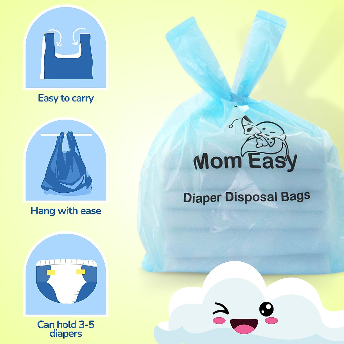 MOM EASY 600 Count Disposable Diaper Bags, 8 x 15 Inch, Unscented, Double Seamed, With Tie Handles, For Baby Waste