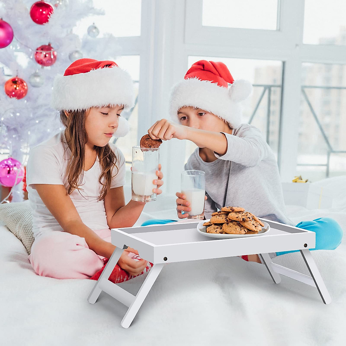 Artmeer Bed Tray Table with Folding Legs,Bamboo Breakfast in Bed for TV Table, Laptop Computer Tray,Eating,Snack Tray White 2 Pack(White)