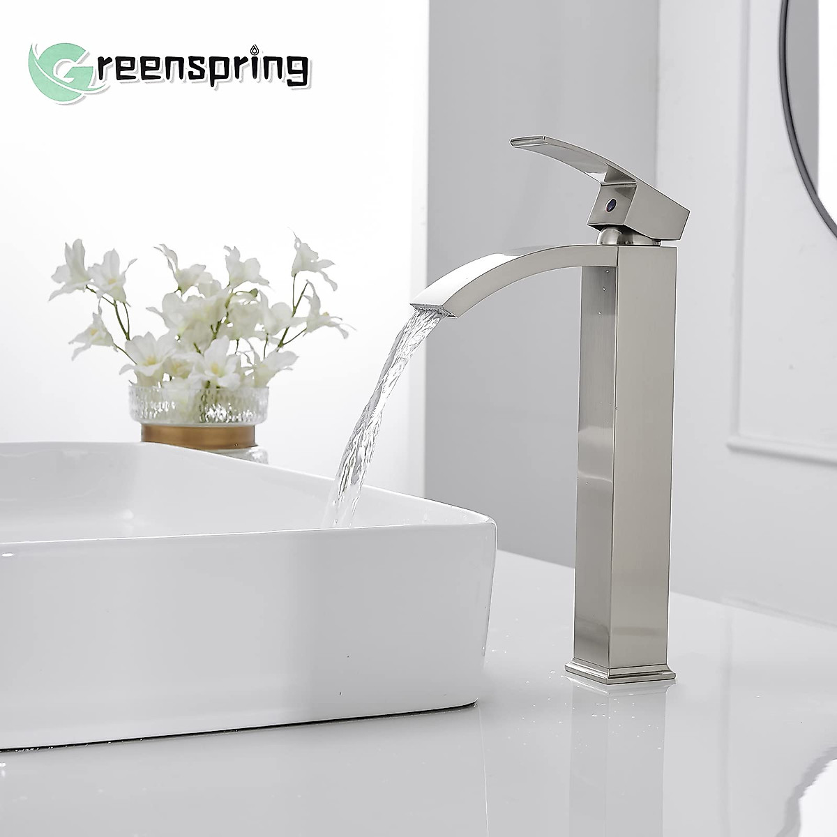 Greenspring Brushed Nickel Bathroom Faucet Vessel Sink Single Hole Single Handle Waterfall Spout Lavatory Commercial Bath Vanity Bowl Faucets Tall Body Supply Line Lead-Free