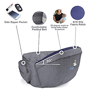 Hipbaby Baby Hip Seat Carrier - Waist Support Sling for Carrying Infants & Babies - Padded Belt, Cushioned Seat, Non-Slip Cotton Fabric, Adjustable Strap, Storage Pockets - CSC-Approved Design, Gray