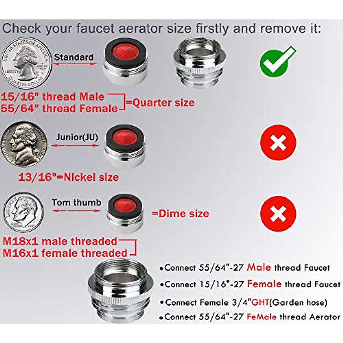 WHK Faucet Adapter Faucet to Hose Adapter Multi-Thread Garden Hose Adapter kitchen Sink Faucet Adapter to Garden Hose Brass Aerator Adapter for Female to Male and Male to Male-Chrome plated (2pack）