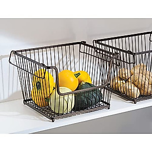 mDesign Stackable Metal Basket for Kitchen Storage - Large Wire Farmhouse Bin Basket w/Handles for Pantry - Stacking Wire Basket Organizer for Food, Drinks - Hyde Collection, 3 Pack, Bronze
