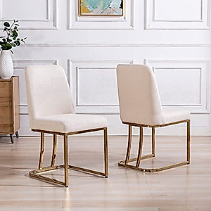 HNY Mid Century Modern Dining Room Chairs Set of 2, Linen Upholstered Fabric Chairs for Dining Room, with Golden Finish Metal Frame, Cream, Cream-linen, 17.7D x 23.2W x 34.3H in