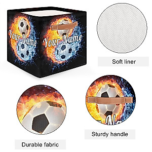 Personalized Storage Cube Bin with Name,Ice Fire Football Soccer Customize Storage Baskets with Handles,Laundry Toy Oraganizer for Closet Shelf Nursery Kids Bedroom
