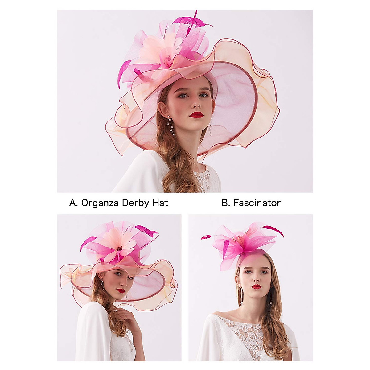 Oridoor Women Organza Fascinator Church Kentucky Derby Hat Floral Tea Party Wedding Hat Rose, 003C Rose And Pink