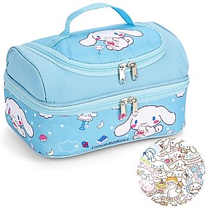 Cute Lunch Bag with Stickers - Cartoon Foldable Double Lunch Bag Large Compartment Lunch Tote Bags Insulated lunch box Bag for Work Travel School