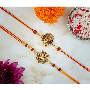 Eximious India Rakhi For Brother - Set of 2 With Card Rudraksha Ganesha Pendant For Raksha Bandhan Designer Rakhi Thread for Bhaiya (Design 2)
