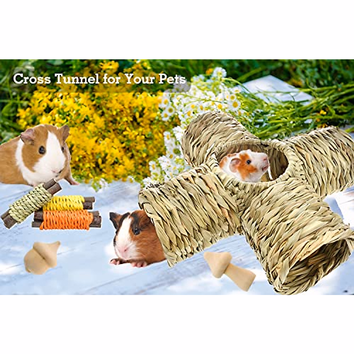 Vehomy Guinea Pig Grass Tunnel Toy Hamster Natural Hideaway Tunnel Tubes and 9Pcs Small Pet Chewing Toys Small Animal Grass House with 5 Entrances for Guinea Pig Syrian Hamster Chinchillas Gerbils