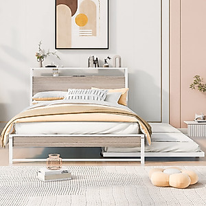 Harper & Bright Designs Full Platform Bed with Trundle and USB Ports, Metal Full Bed Frame with Storage Headboard and Steel Slat Support, for Bedroom and Guest Room (Full Size, White)
