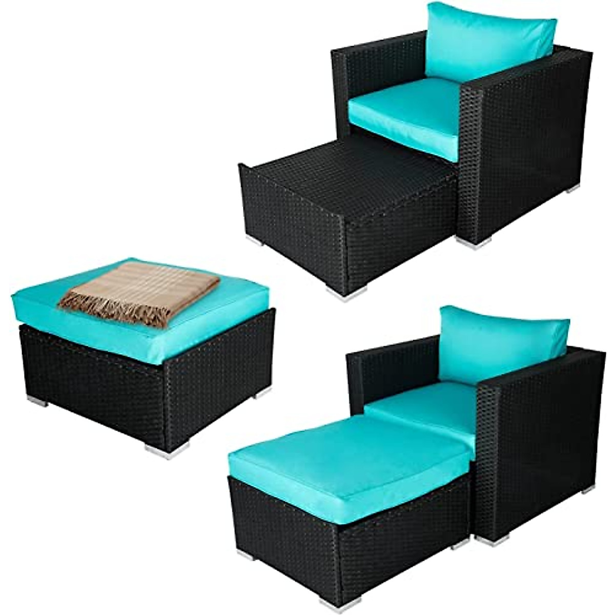 Kinsunny Wicker Furniture Single Chair with Ottoman, Black PE Wicker Additional Seats for Sectional Sofa