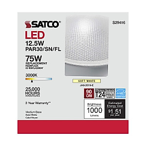 SATCO S29416 12.5 Watt 120 Volt; Reflector PAR30SN LED Light Bulb; 3000K Soft White; 40 deg. Beam Angle; E26 Medium Base, Dimmable (6 LED Light Bulbs)