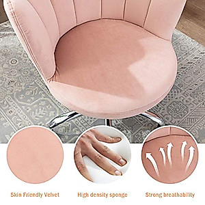 Henf Home Office Chair, Modern Velvet Upholstered Swivel Desk Chair Metal Base, Leisure Office Chair Adjustable Cute Vanity Chair for Home Living Room Bedroom, Pink