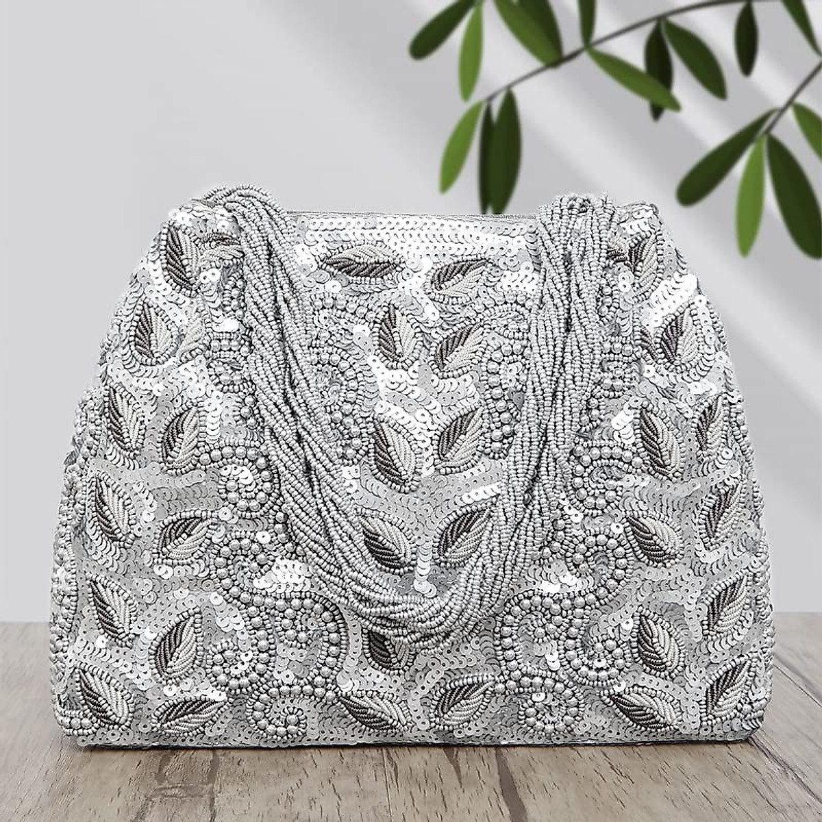 Aheli Silver Potli Bags for Women Evening Bag Clutch Ethnic Bride Purse with Drawstring(P17S)