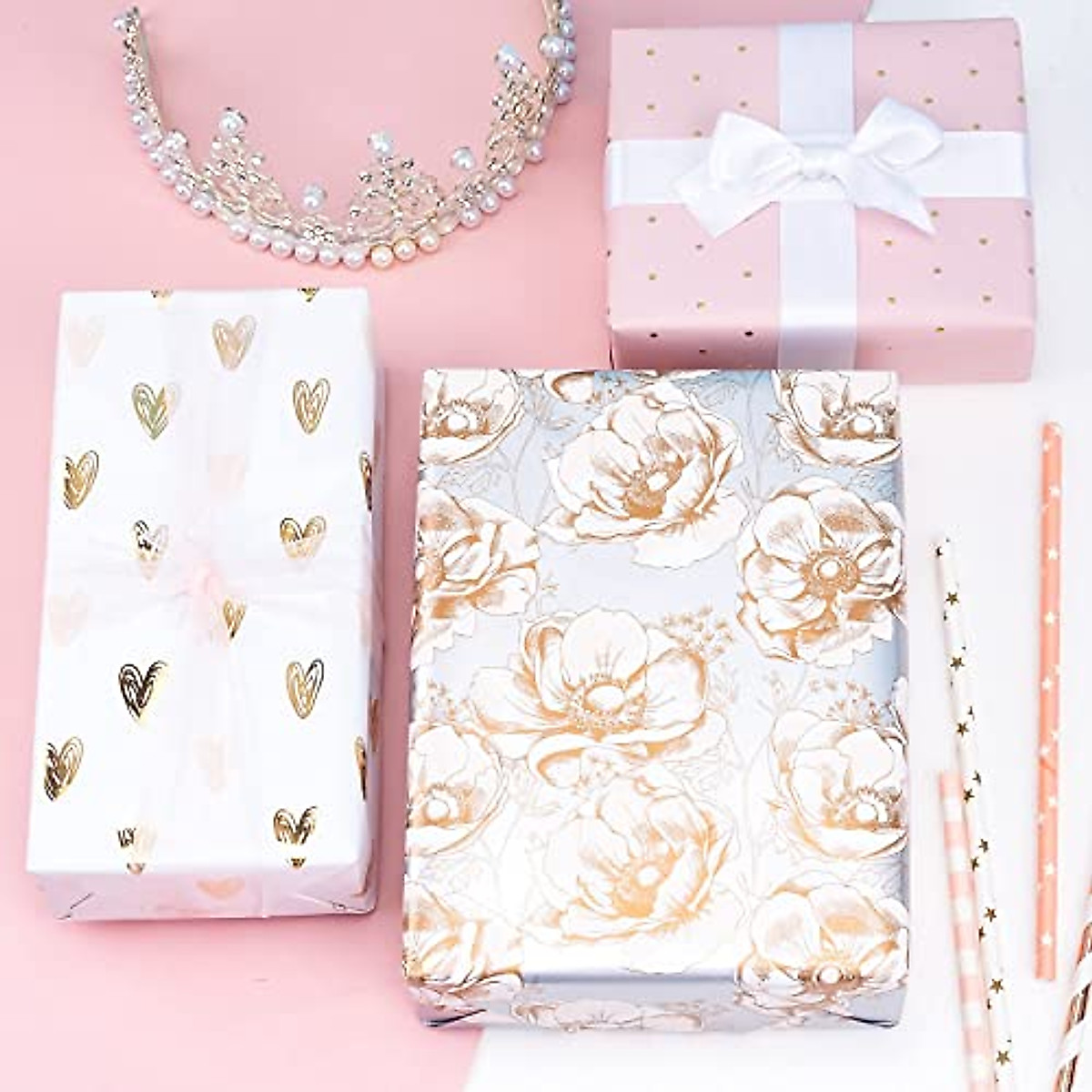 MAYPLUSS Wrapping Paper Roll - Mini Roll - 17 inch X 120 inch Per roll - 3 Different Pink and Gray Floral Design (42.3 sq.ft.ttl)