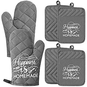 GROBRO7 6Pcs Cotton Oven Mitts and Pot Holders Set Happiness is Homemade Heat Resistant Hot Pad Machine Washable Microwave Gloves with Hanging Loop Pocket Potholder for Kitchen Baking Cooking Grilling