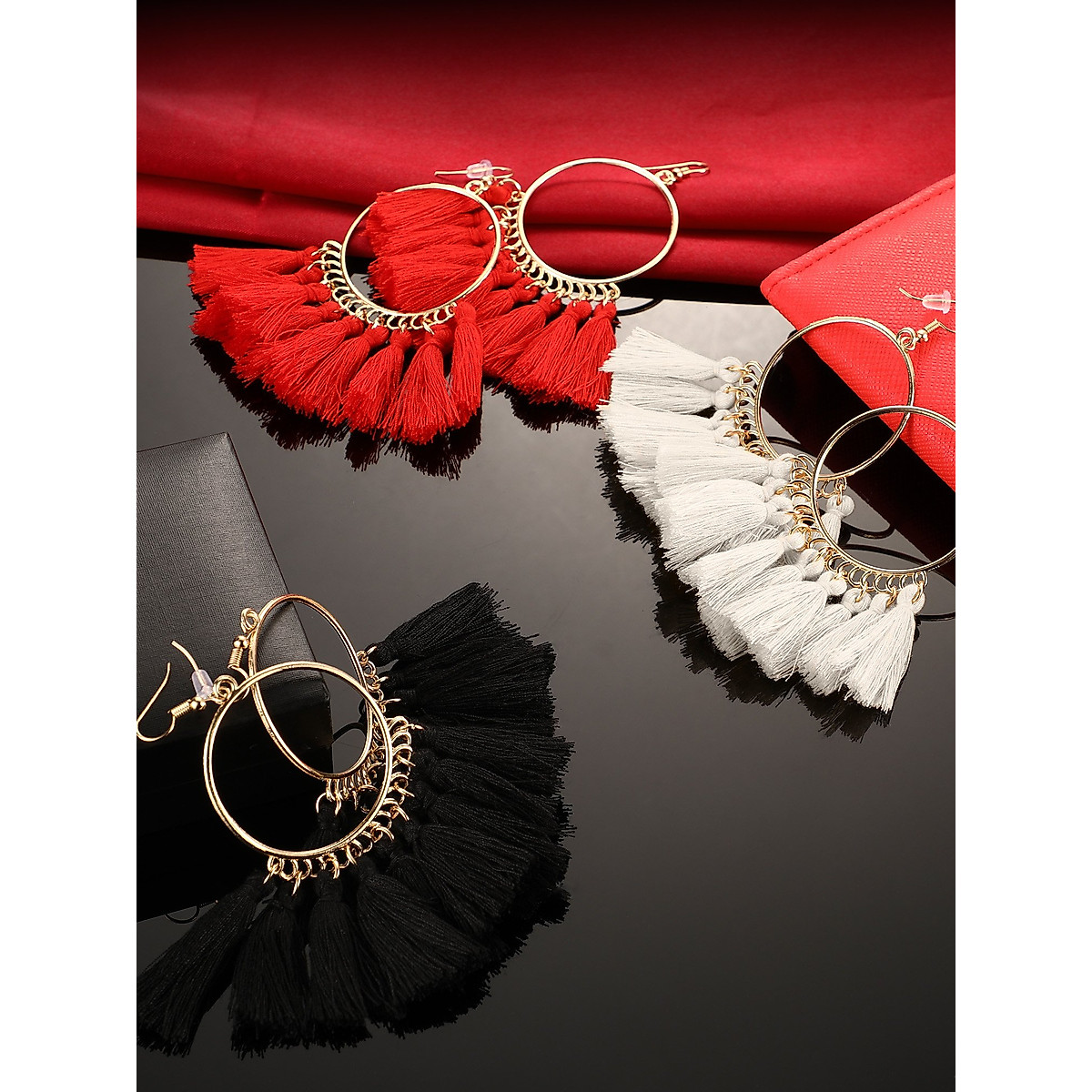 Gejoy Tassel Hoop Earrings Fan-shaped Drop Earrings Dangle Eardrop for Women Party Bohemia Dress Accessory, 3 Pairs