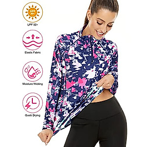 LURANEE 3/4 Zip Pullover Women's, SPF Long Sleeve Yoga Jacket, Workout & Running Activewear - Medium, Geometry Blueeink