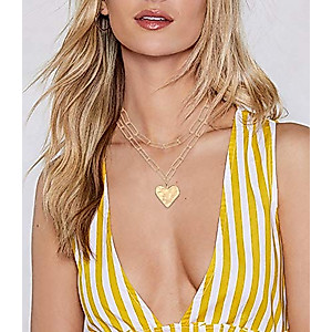 YAHPERN Layered Rectangle Paper Clip Chain Link Choker Statement Hammered Heart Pendant Necklace Minimalist Chunky Thick Chain Jewelry For Woman (gold)