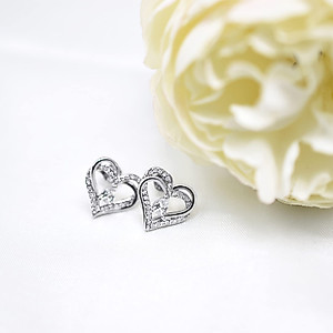 Heart Stud Earrings for Women - Sterlings Silver Hypoallergenic Cubic Zirconia Double Heart Shaped Earrings Gift for Mom Her Wife Lady,White
